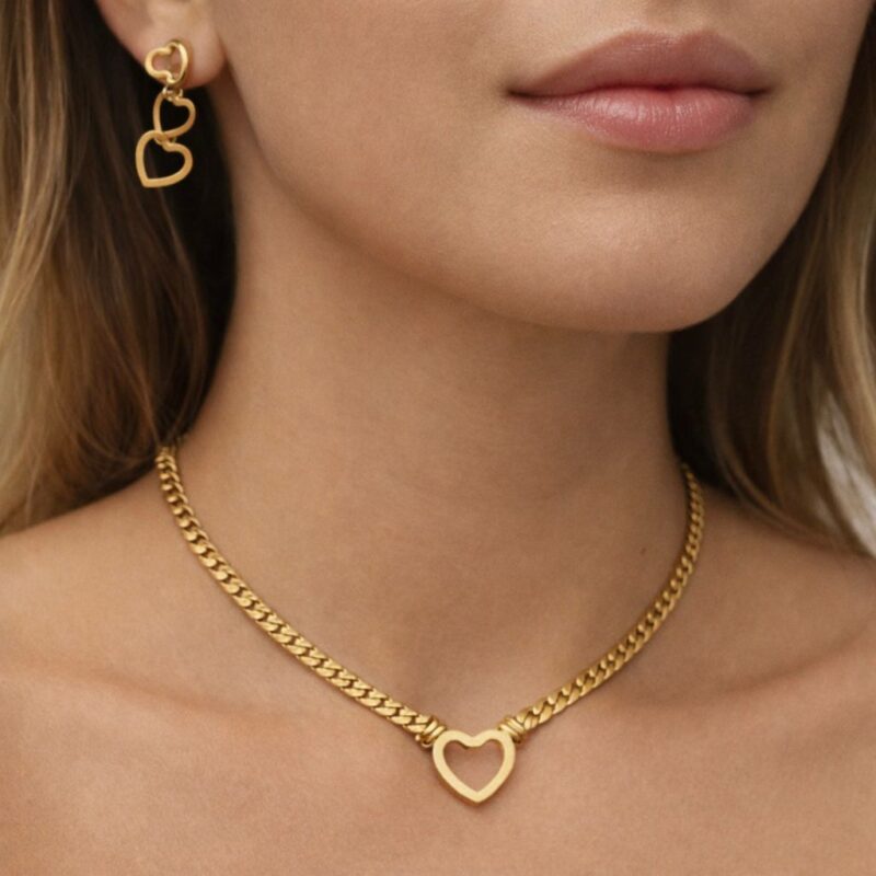 COLLAR Y ARETE CUBANO CON SILUETA CORAZON – Frida Joyería
